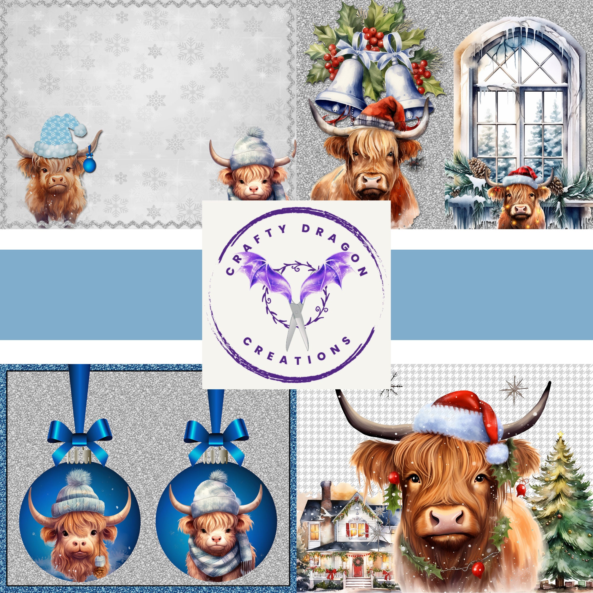 Highland Cow Blue Christmas, Printable, Digital Kit, Paper Crafting - Etsy