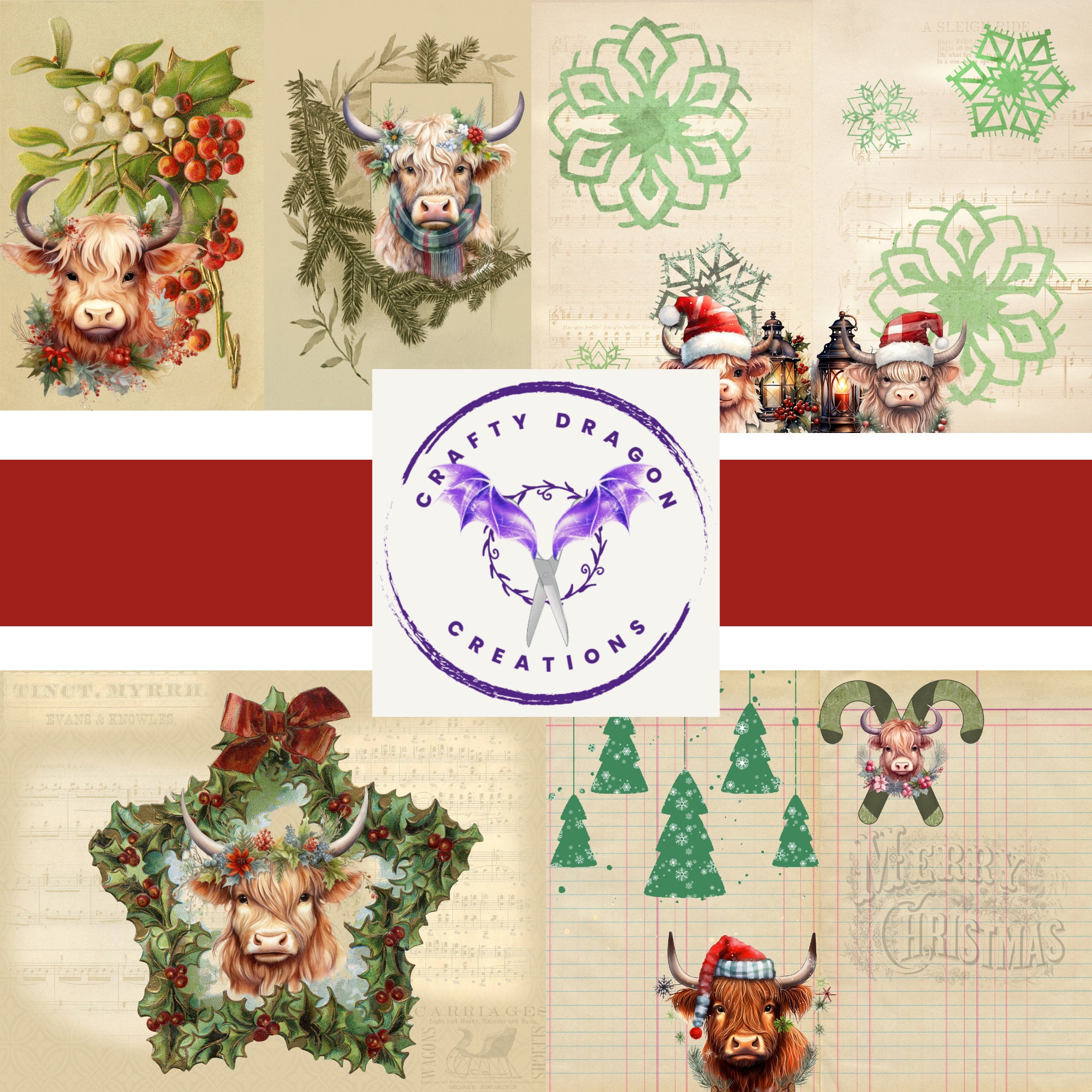 Highland Cow Red Christmas, Printable, Digital Kit, Paper Crafting - Etsy