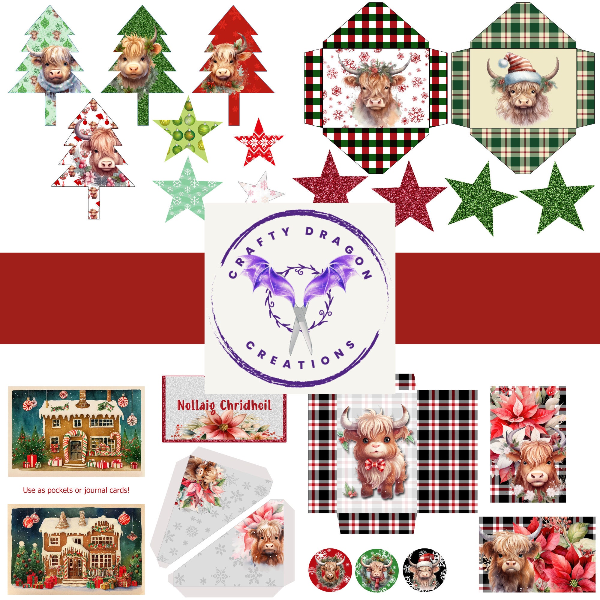 Highland Cow Red Christmas, Printable, Digital Kit, Paper Crafting - Etsy