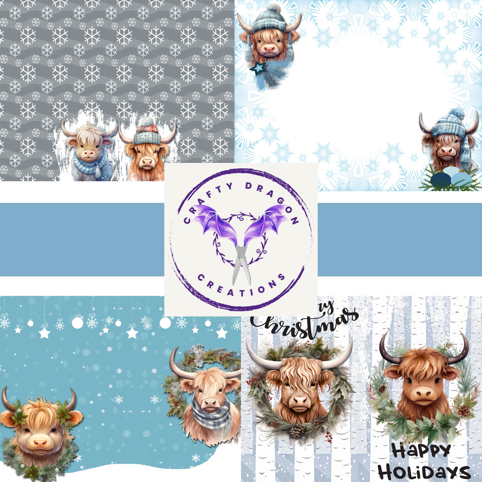 Highland Cow Blue Christmas, Printable, Digital Kit, Paper Crafting - Etsy