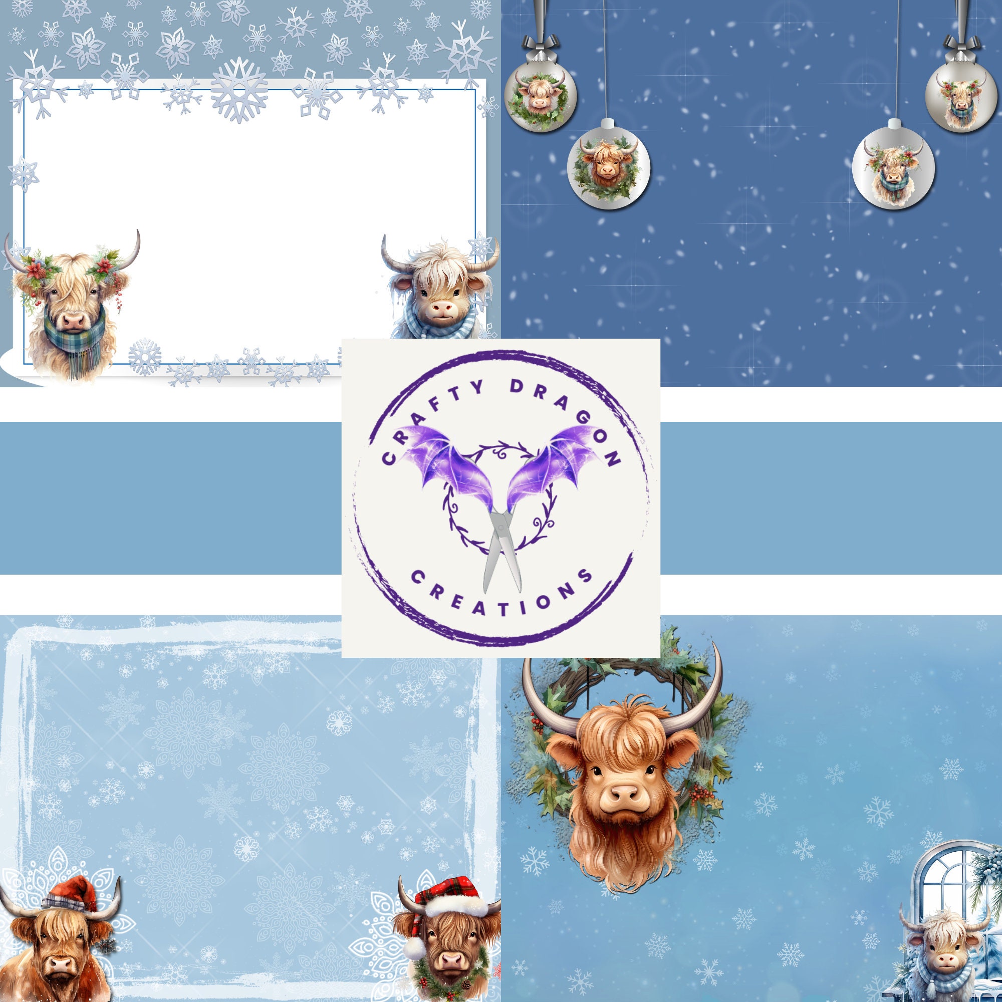 Highland Cow Blue Christmas, Printable, Digital Kit, Paper Crafting - Etsy