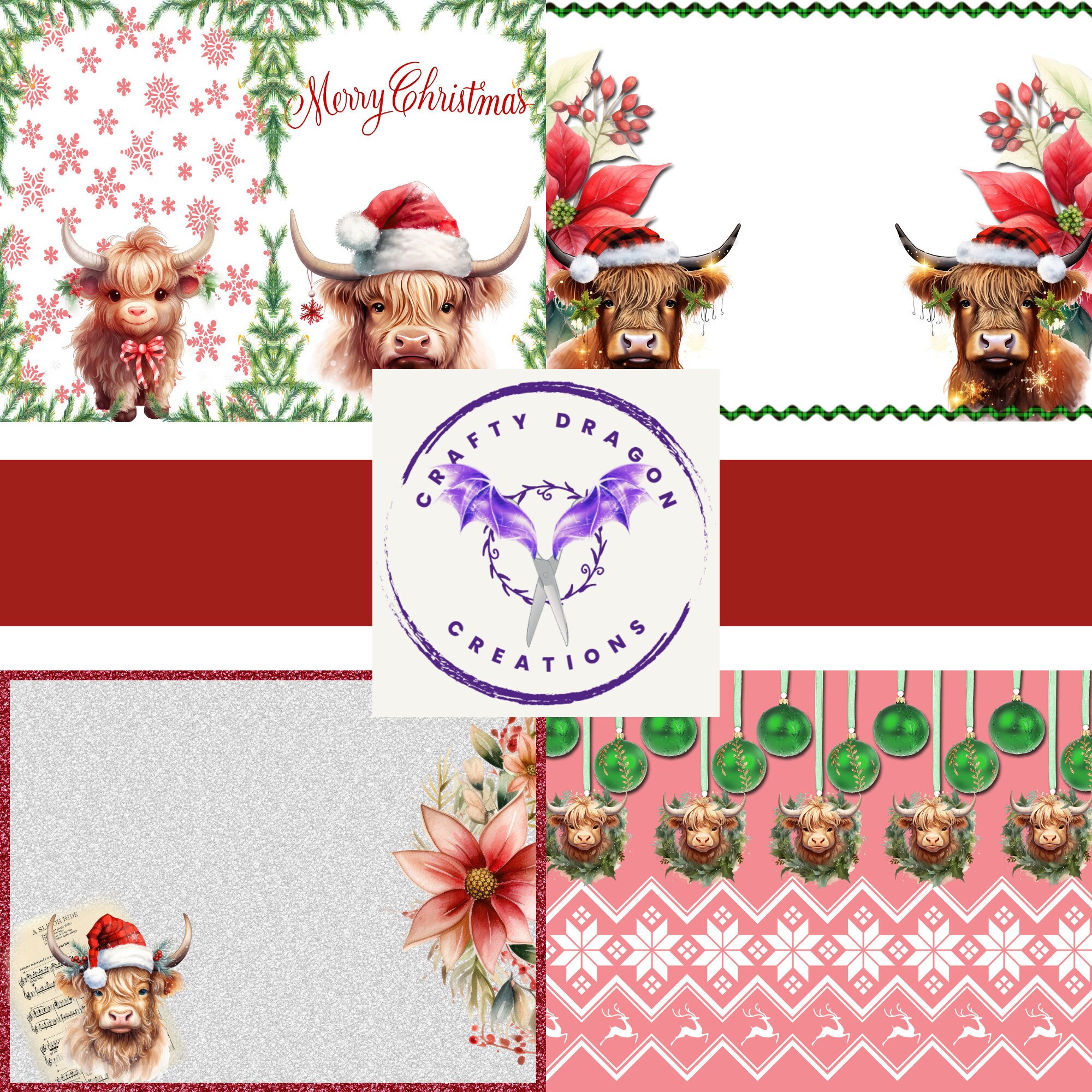 Highland Cow Red Christmas, Printable, Digital Kit, Paper Crafting - Etsy