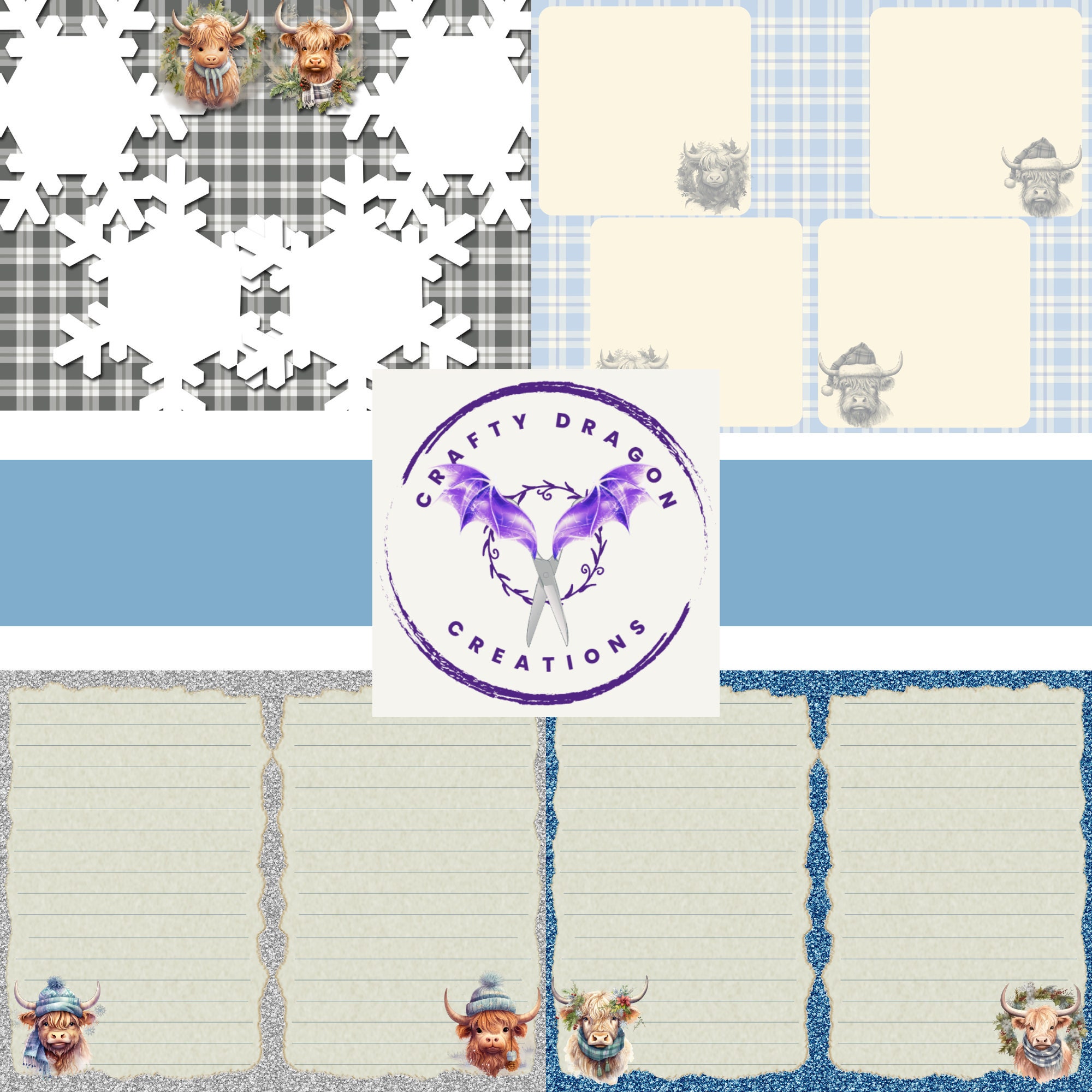 Highland Cow Blue Christmas, Printable, Digital Kit, Paper Crafting - Etsy