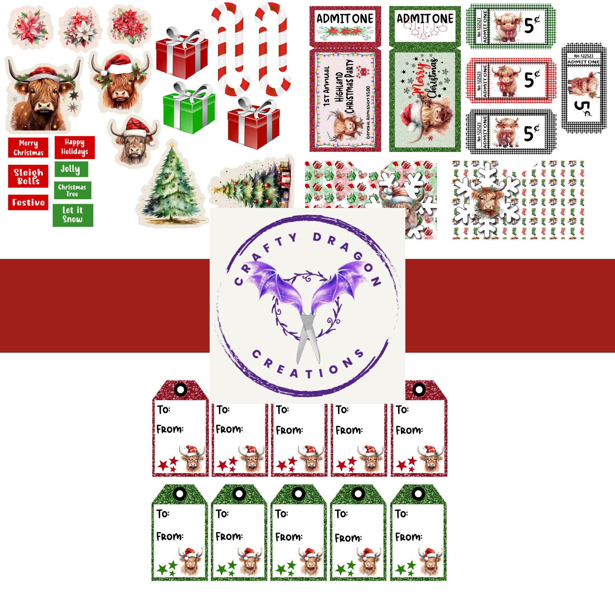 Highland Cow Red Christmas, Printable, Digital Kit, Paper Crafting - Etsy