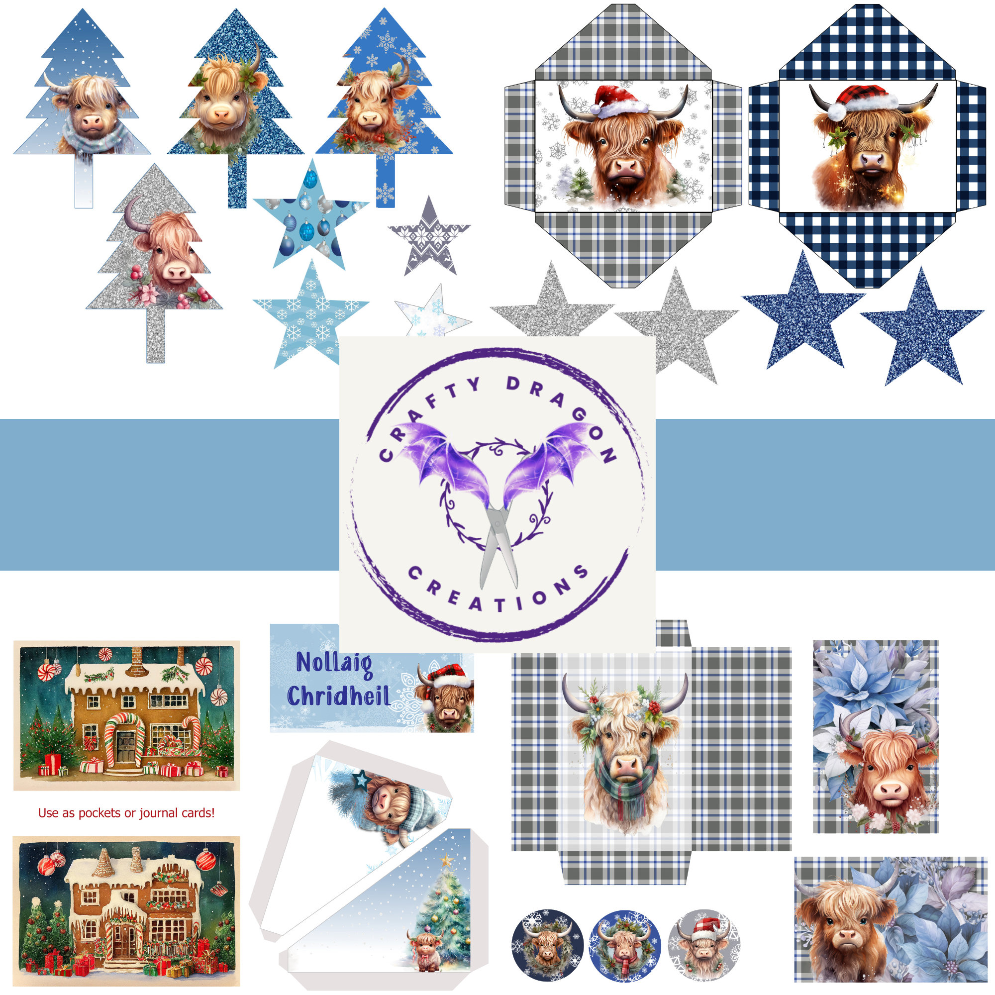 Highland Cow Blue Christmas, Printable, Digital Kit, Paper Crafting - Etsy