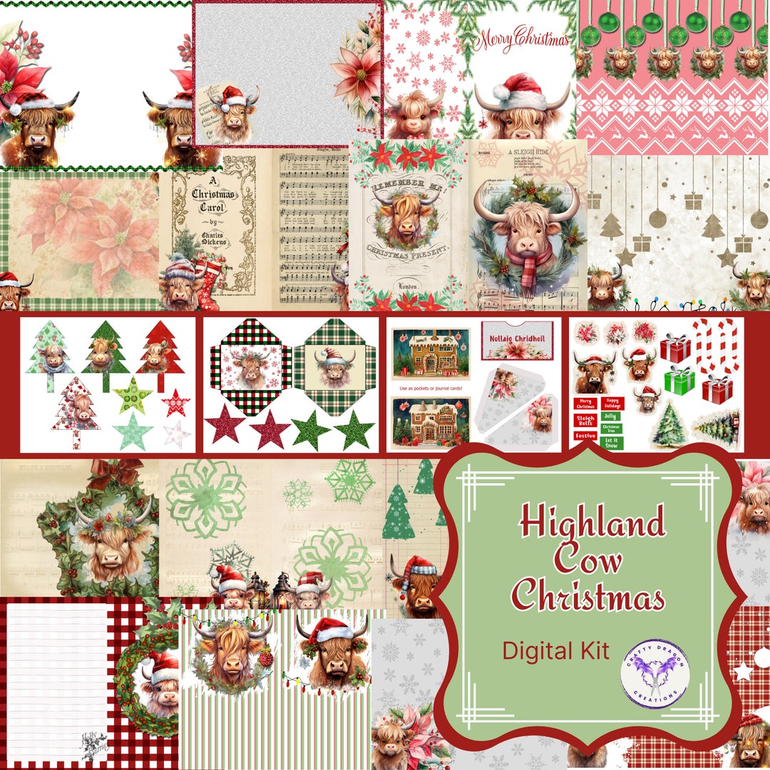 Highland Cow Red Christmas, Printable, Digital Kit, Paper Crafting - Etsy