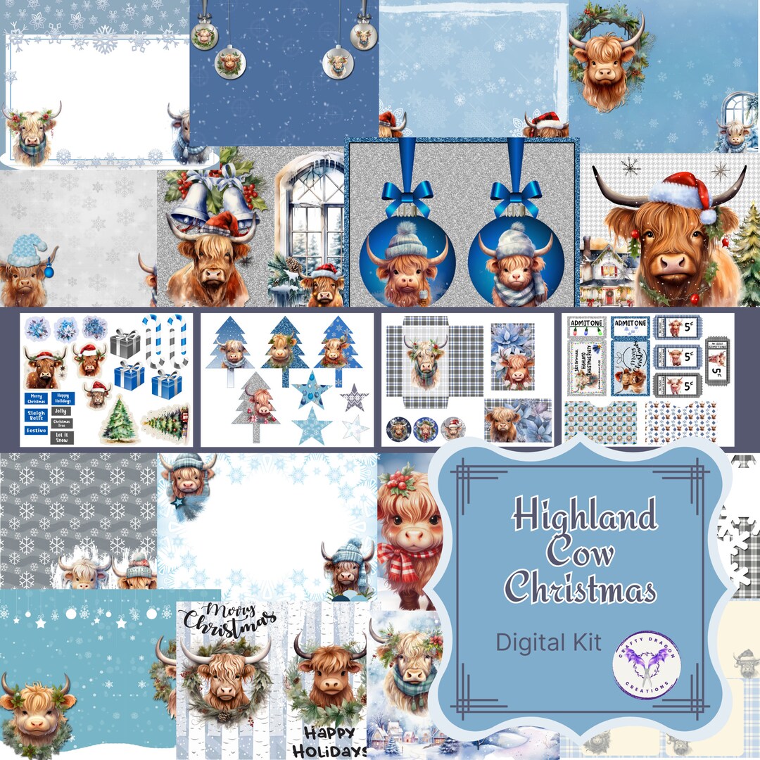 Highland Cow Blue Christmas, Printable, Digital Kit, Paper Crafting - Etsy