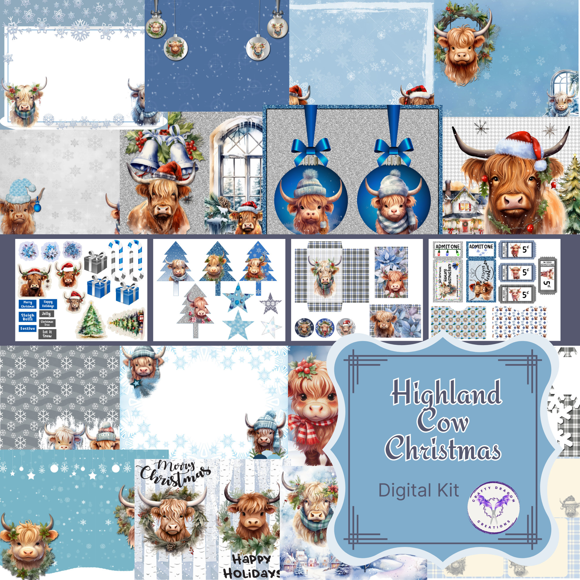 Highland Cow Blue Christmas, Printable, Digital Kit, Paper Crafting - Etsy