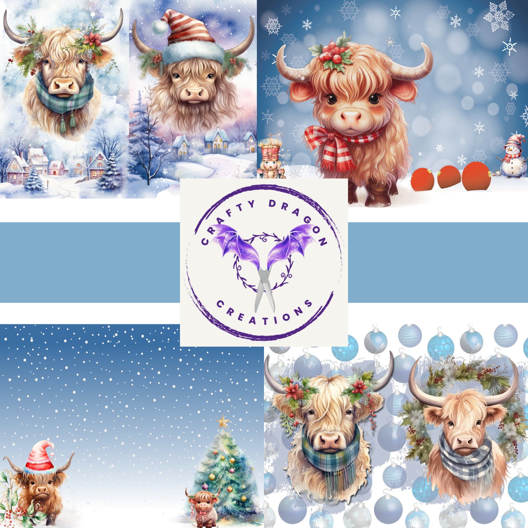 Highland Cow Blue Christmas, Printable, Digital Kit, Paper Crafting - Etsy