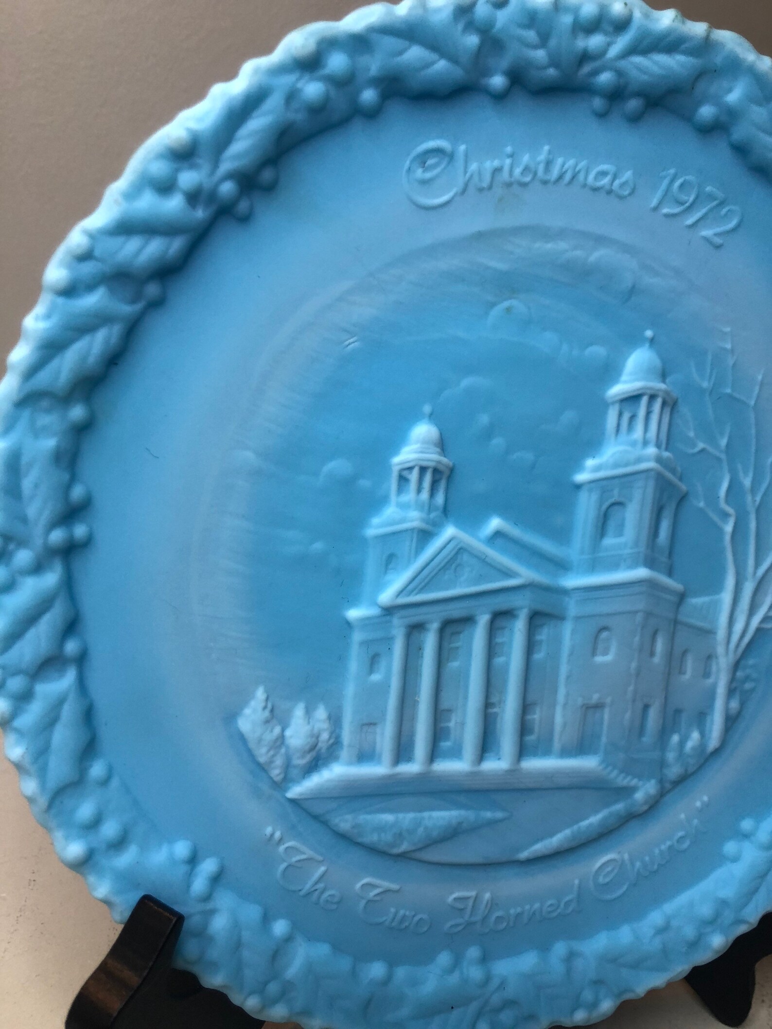 1972 Vintage Fenton Blue Satin Christmas Plate - the Two Horned Church ...