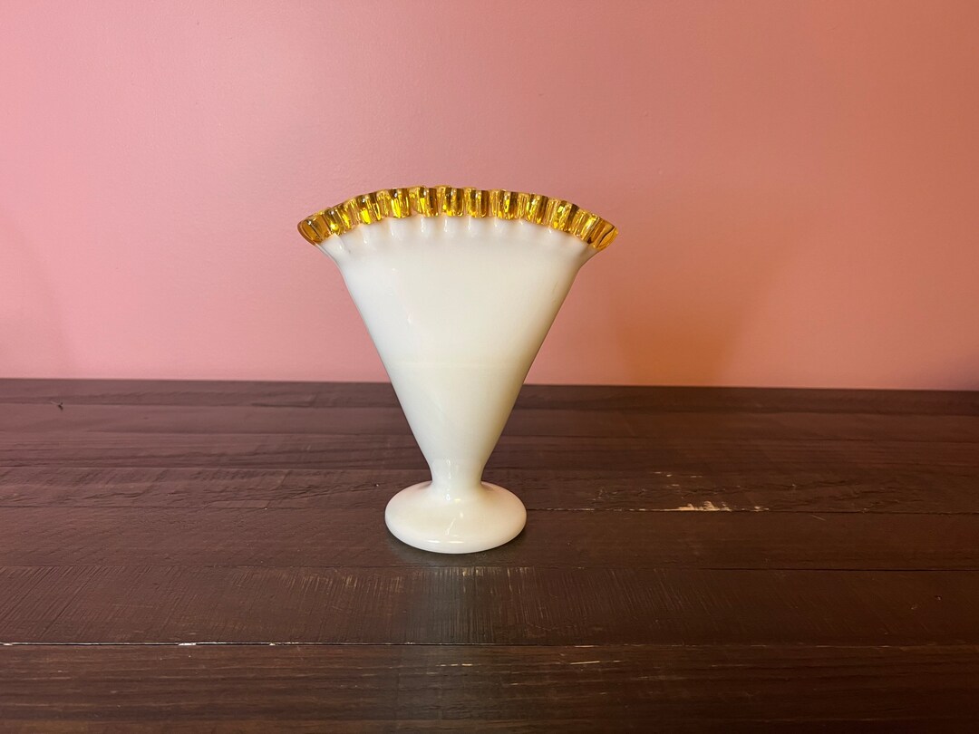 Vintage Silver Crest Milk Glass Fan Dish With Ruffled Top Yellow ...
