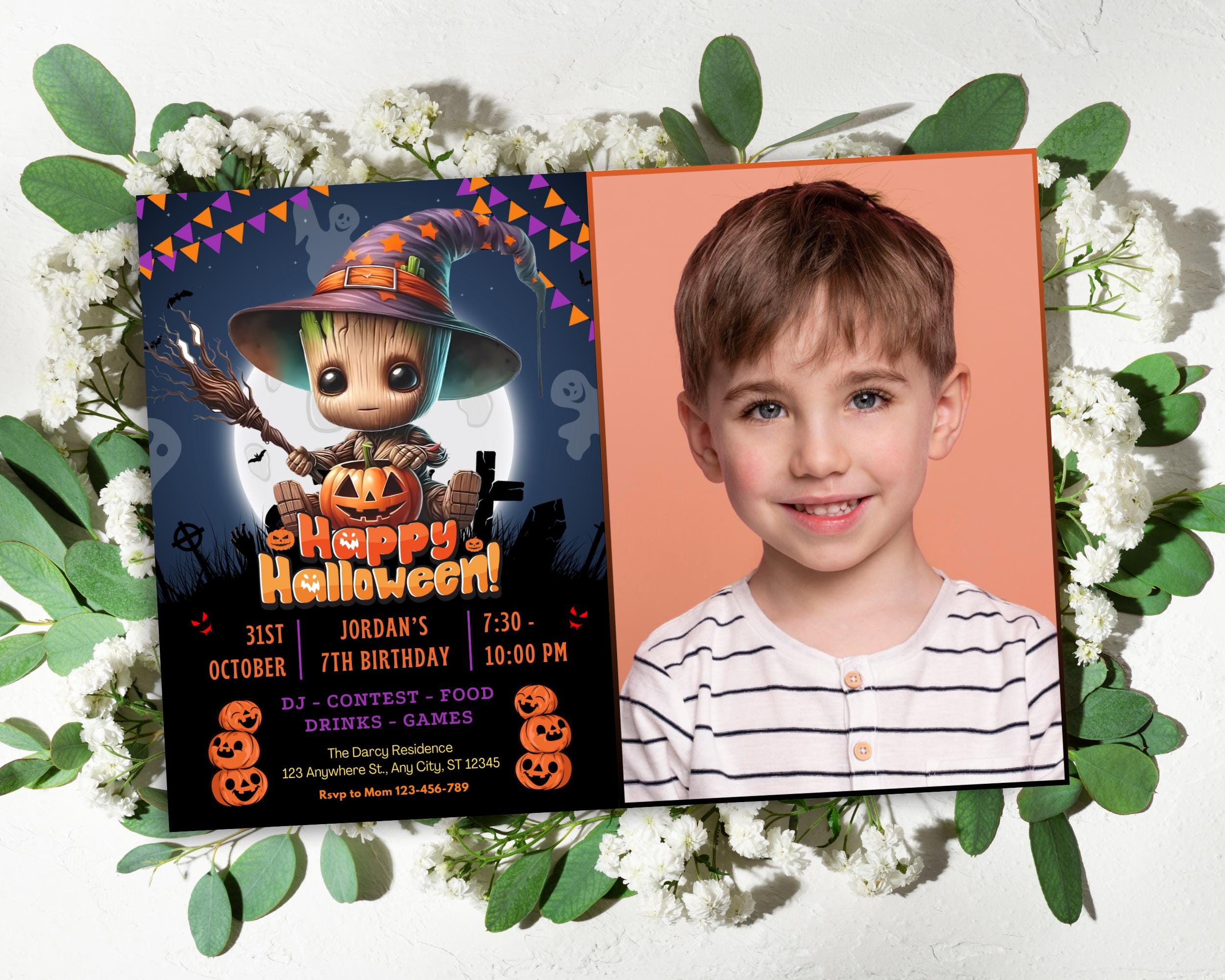 Spooky Baby Groot Halloween Birthday Invitation With Photo Guardians ...