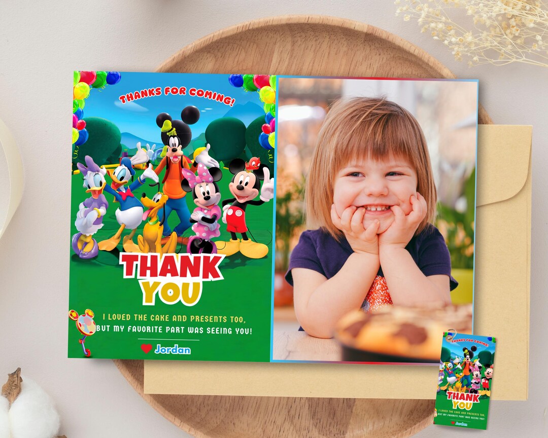 Mickey Mouse Thank You Card With Photo Mickey Mouse Return Gift Mickey ...