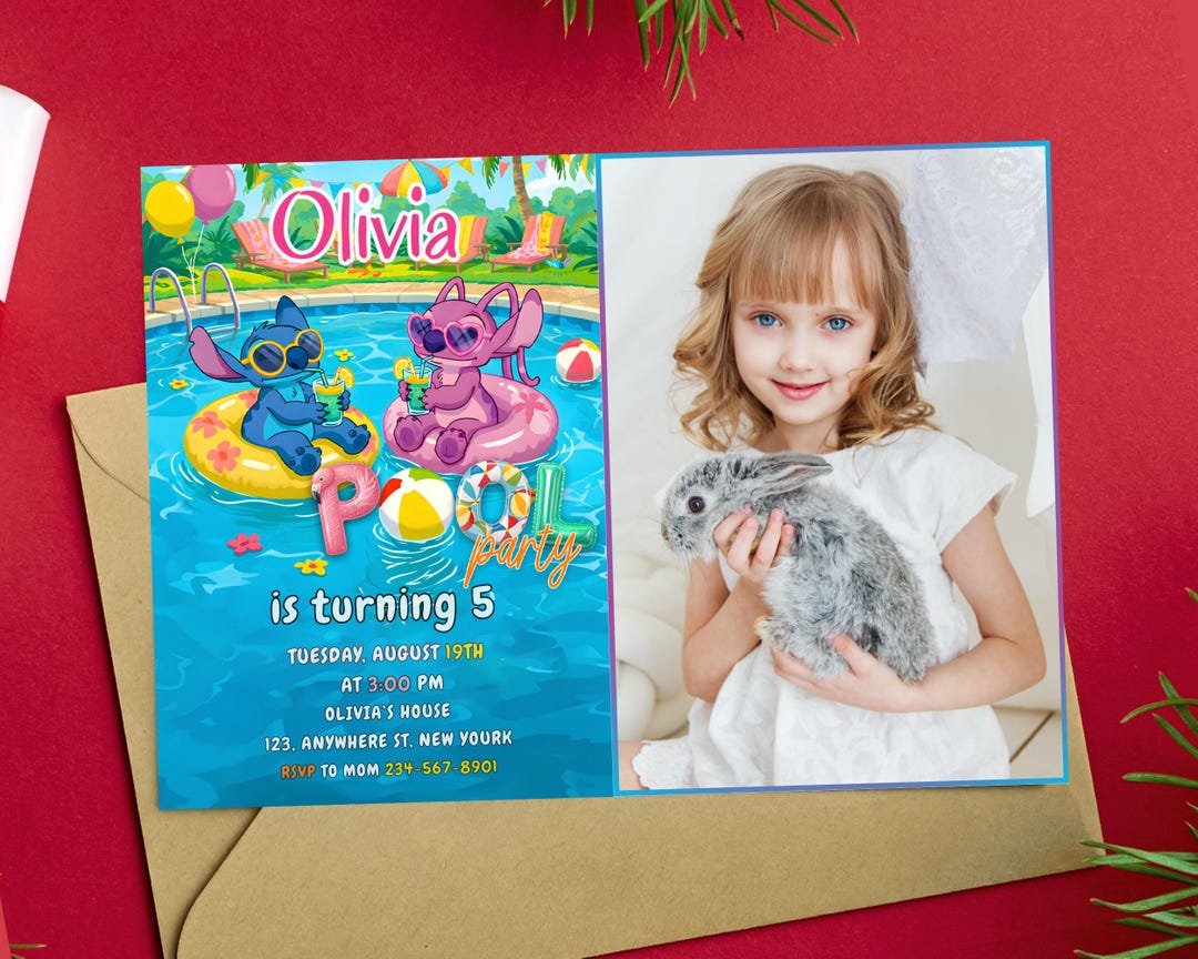Stitch Pool Party With Photo Lilo & Stitch Birthday Pool Invitation ...