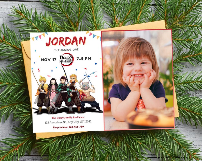 Anime Demon Slayer Birthday Invitation With Photo Demon Slayer Custom ...