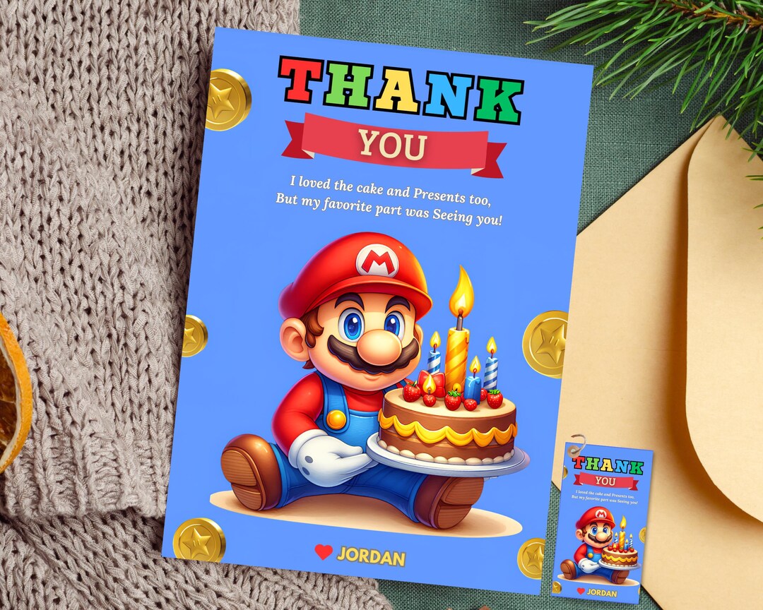 Super Mario Thank You Card Super Mario Party Favors Mario Birthday ...
