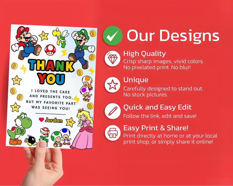 Super Mario Photo Thank You Card Super Mario Party Favor Mario Birthday ...