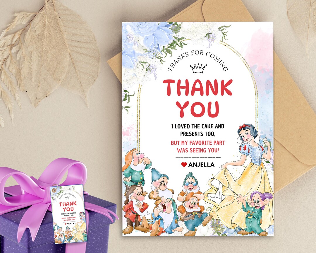 Snow White Birthday Party Thank You Princess Snow White Thank You Card ...