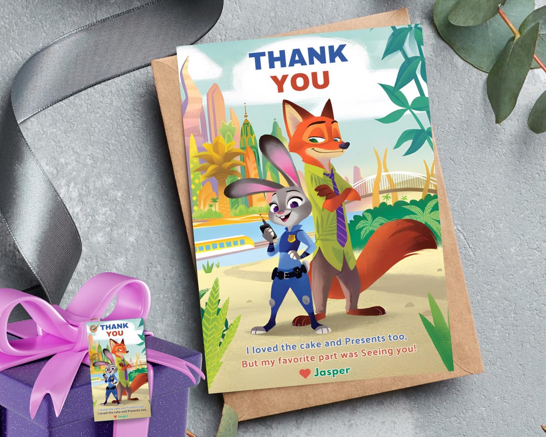 Zootopia Theme Birthday Party Zootopia Birthday Thank You Card Editable ...
