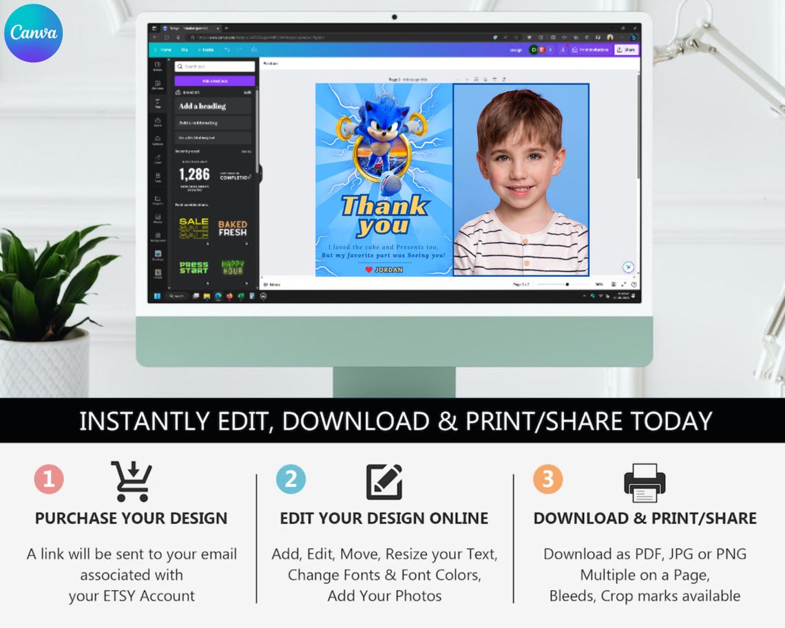 Sonic Photo Thank You Card Instant Download Sonic Thank You Cards Photo ...