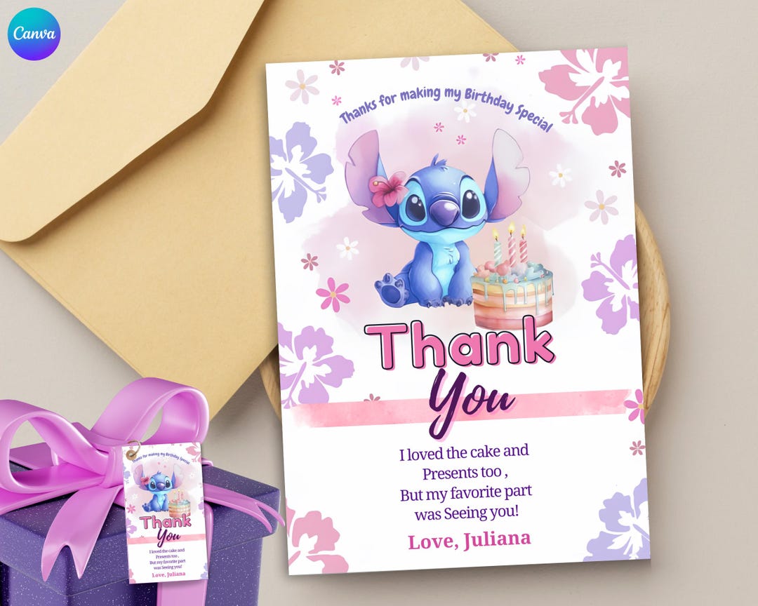 Editable Stitch Thank You Party Card With Birthday Cake Stitch Thank ...