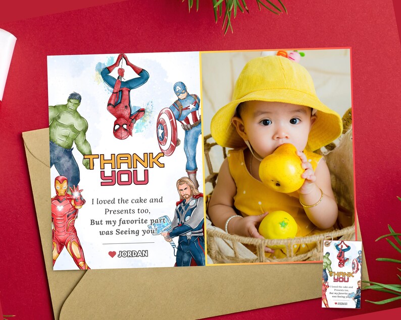 Avengers Party Thank You Card With Photo Superheroes Birthday ...