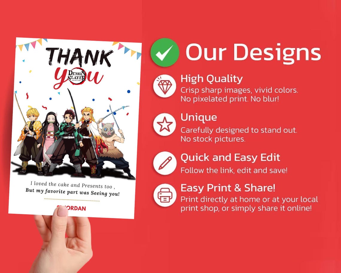 Anime Demon Slayer Thank You Cards Anime Inspired Appreciation Notes ...