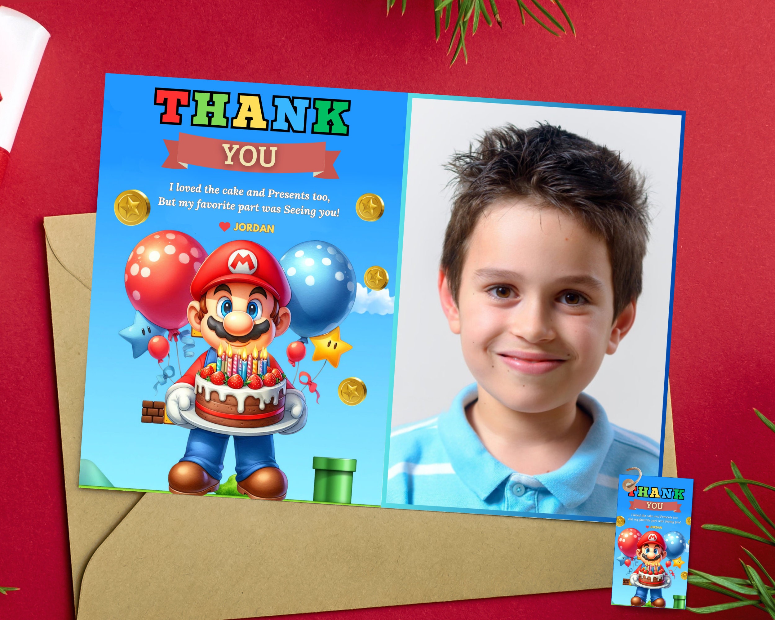 Super Mario Photo Thank You Card Super Mario Party Favor Mario Birthday ...