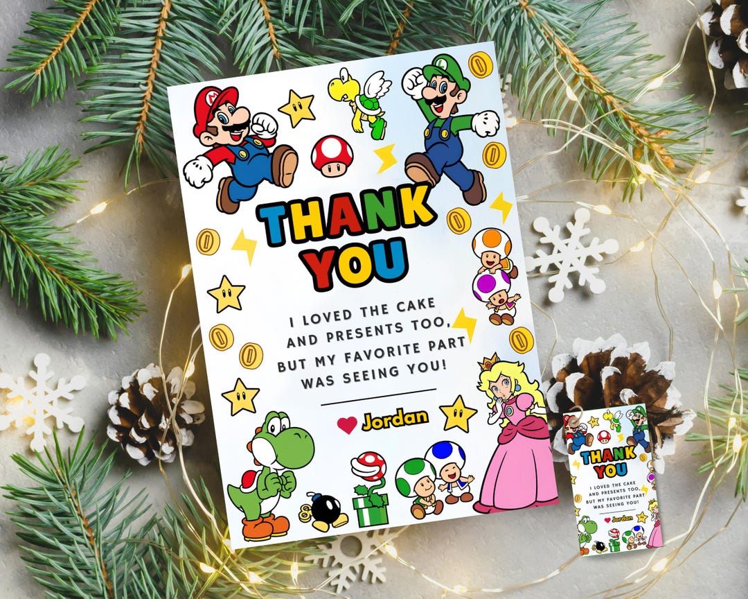 Super Mario Thank You Card Super Mario Party Favors Mario Birthday ...