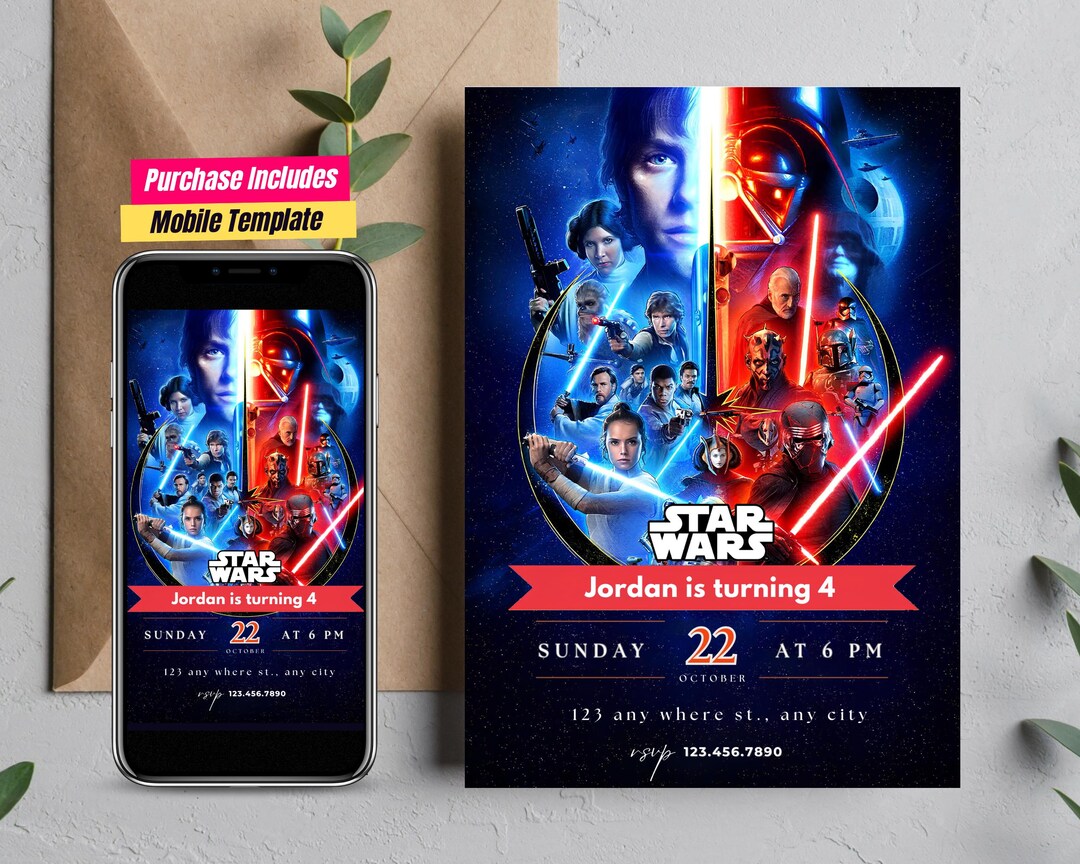 Star Wars Party E-invitation Jedi Vs Sith Themed Mobile Invite Star ...