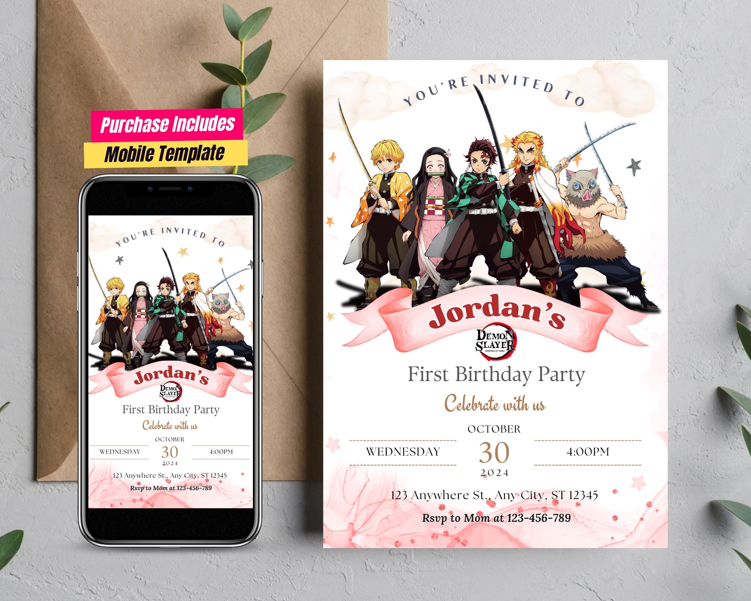 Anime Demon Slayer Birthday Invitation Customizable Anime Party Invite ...