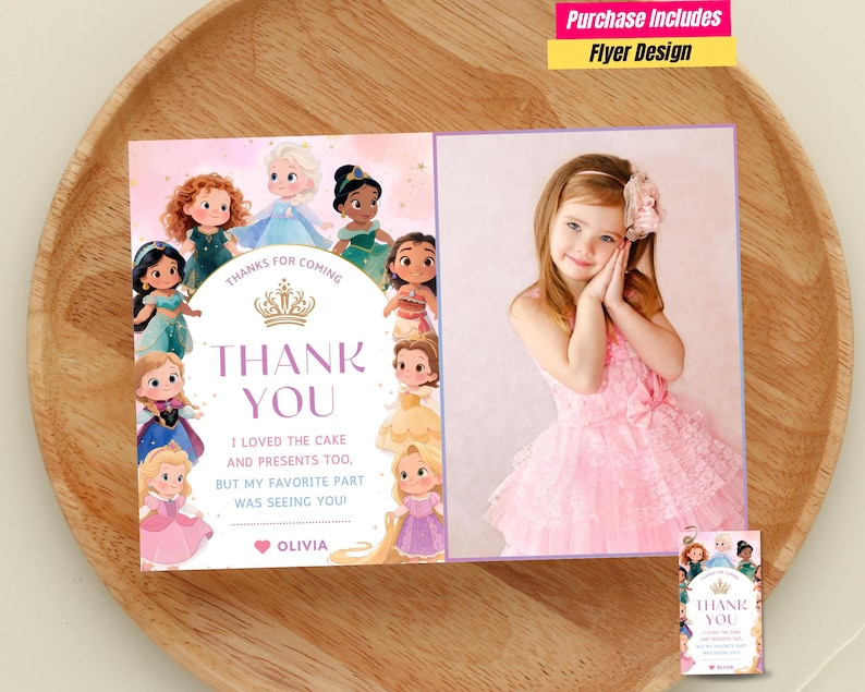 Princesses Birthday Photo Thank You Card Princess Party Gift Favors ...