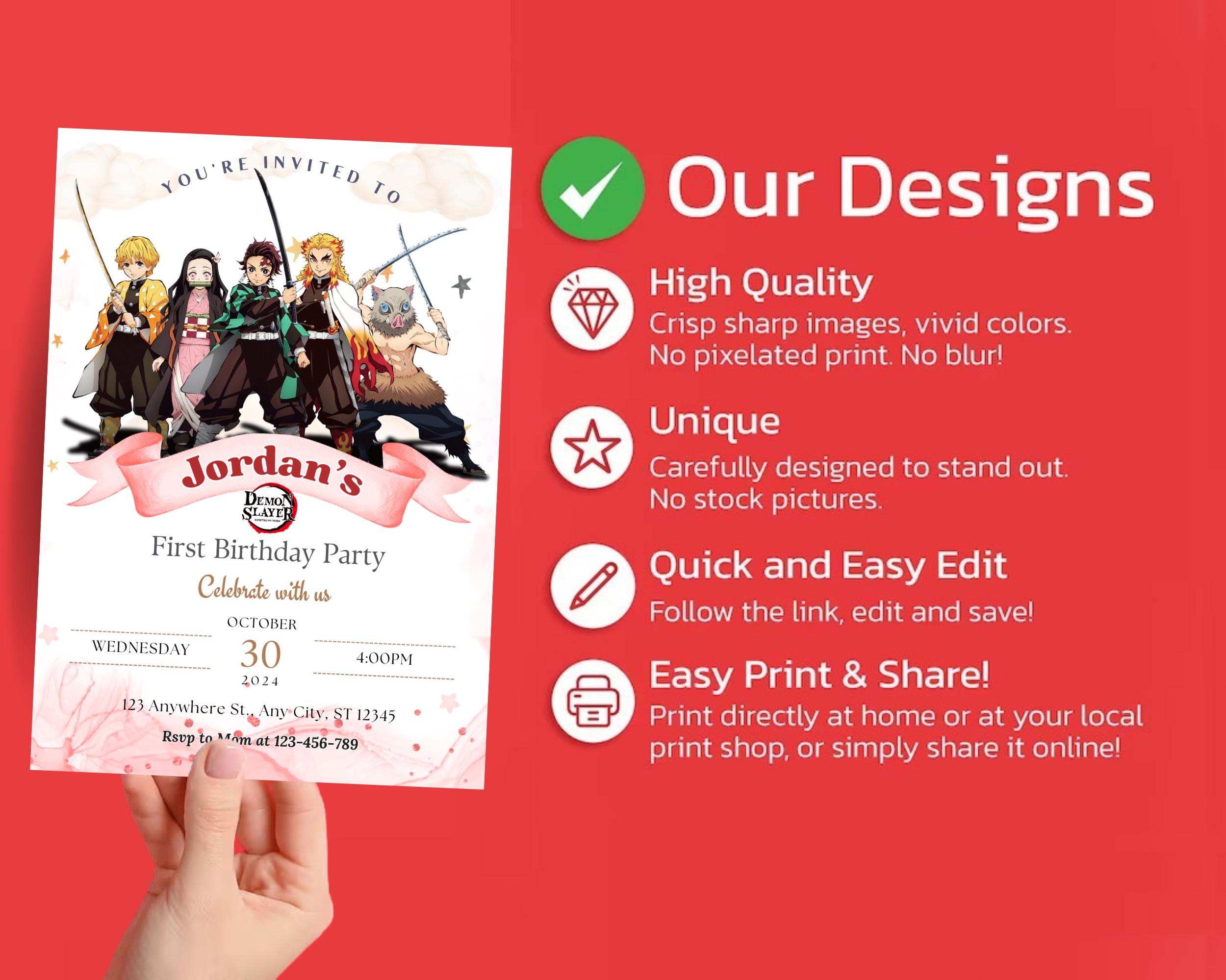 Anime Demon Slayer Birthday Invitation Customizable Anime Party Invite ...