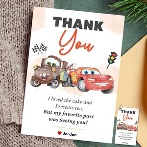 Editable Cars Birthday Party Thank You Card Cars Lightning Birthday ...