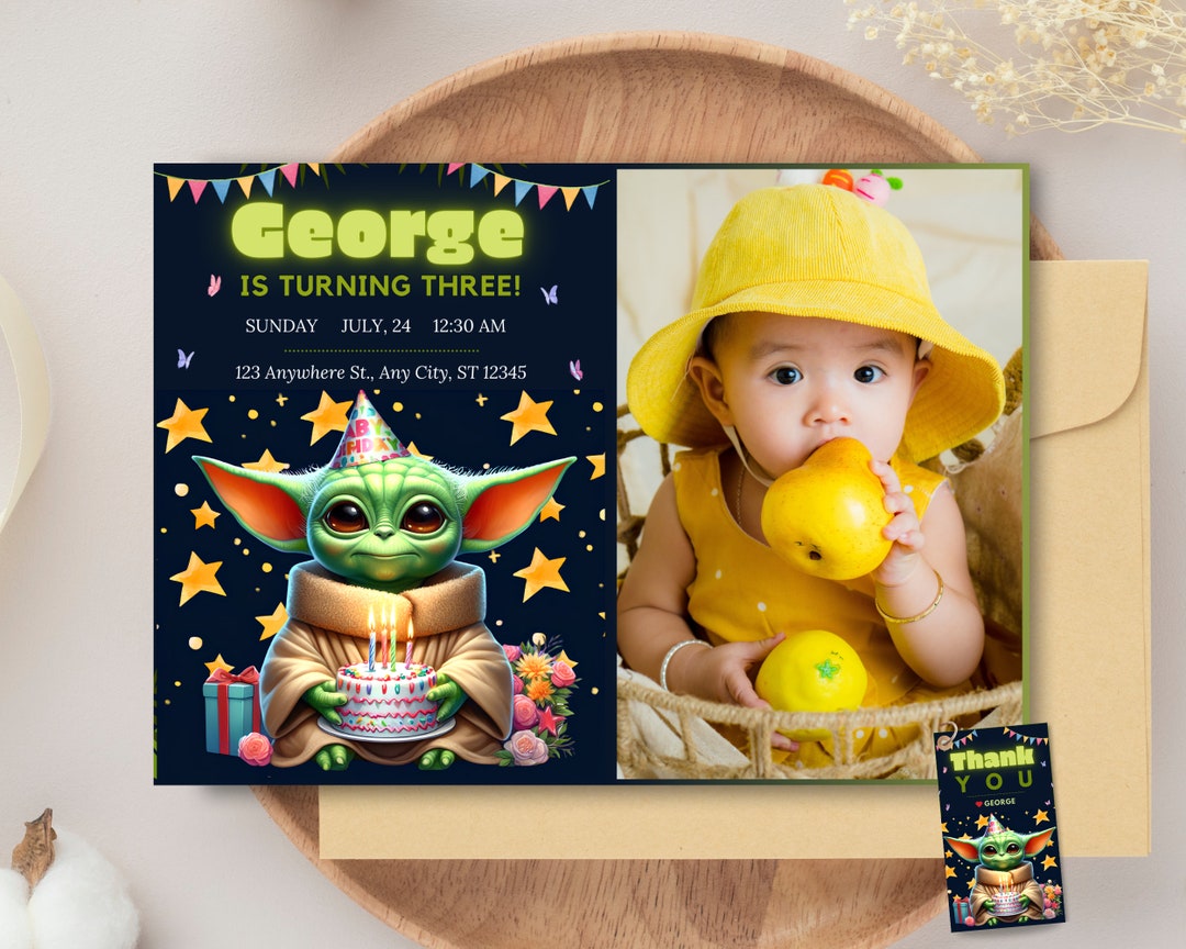 Adorable Grogu Party Invitation With Photo Starwars Baby Yoda Grogu ...