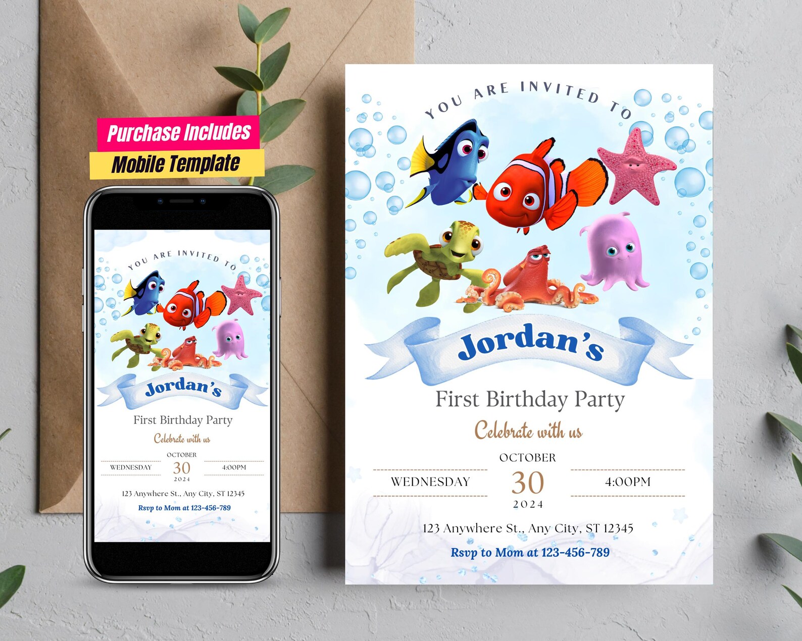 Printable Nemo Birthday Invitation, Dory Invite, Under the Sea Party ...