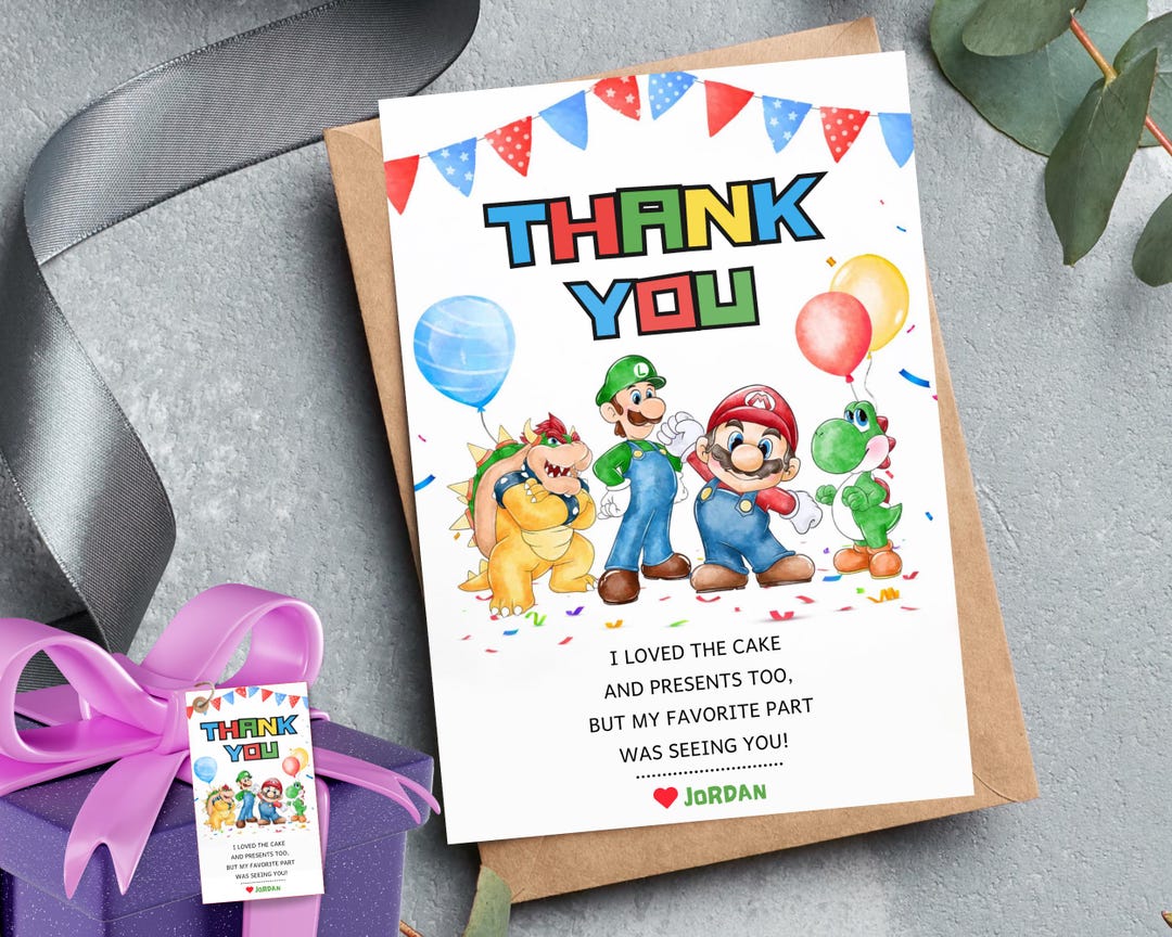 Super Mario Thank You Card Super Mario Party Favor Mario Birthday ...