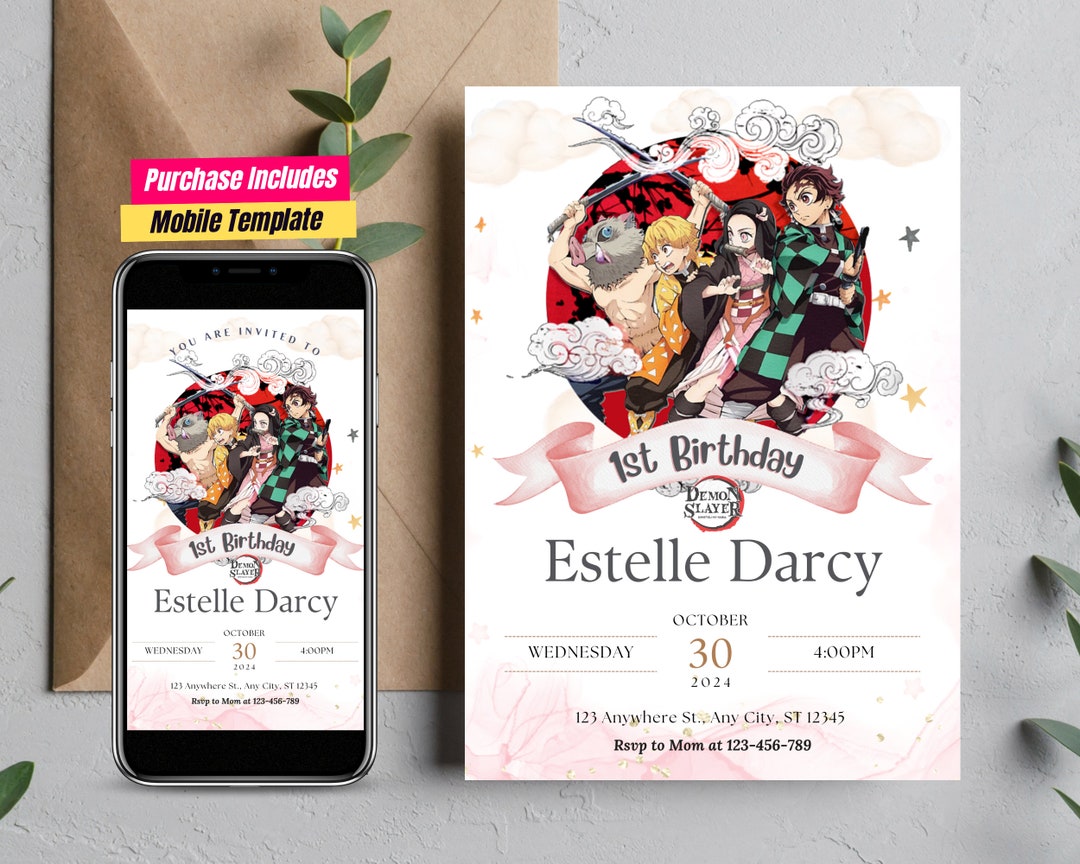 Anime Demon Slayer Birthday Invitation Customizable Anime Party Invite ...