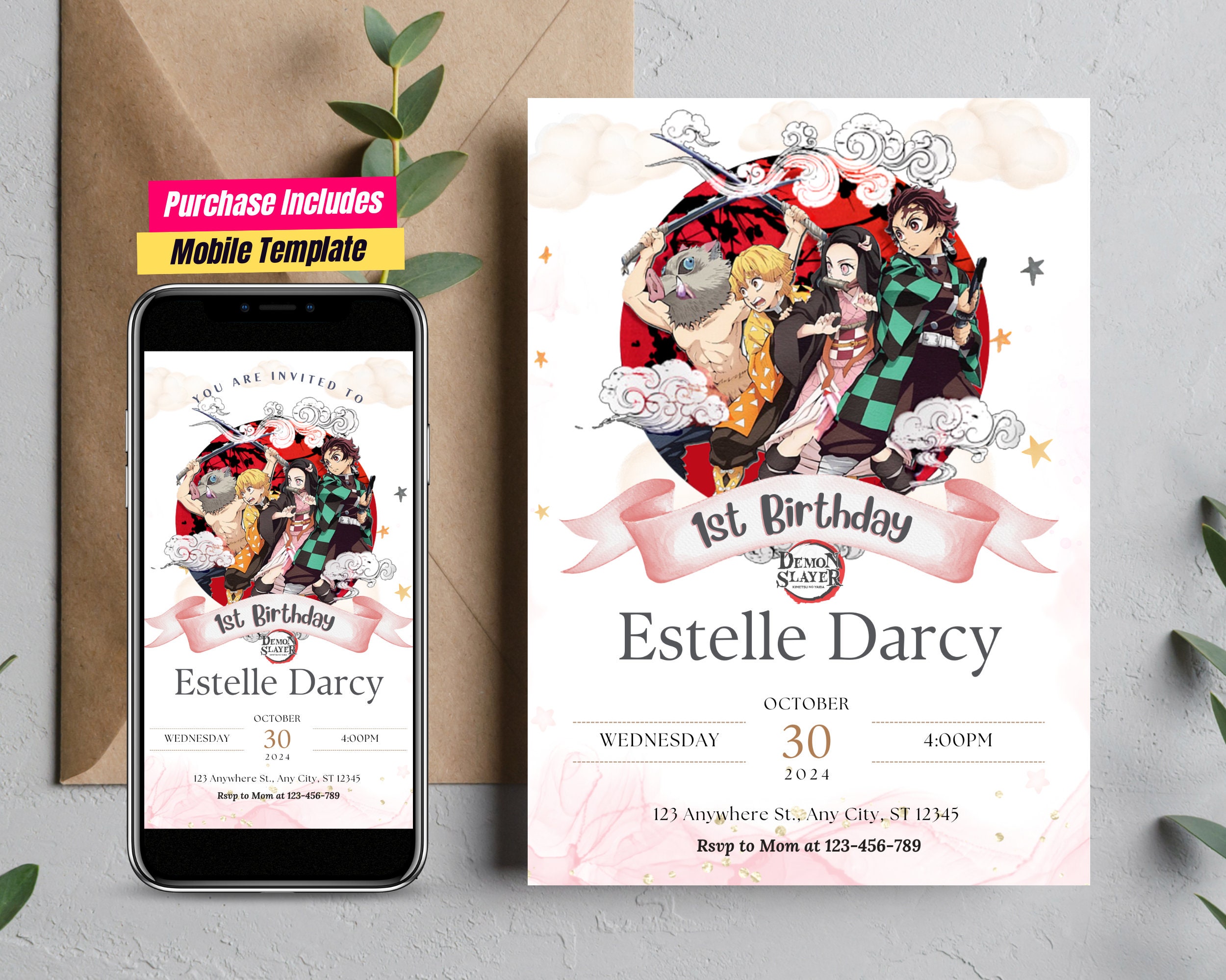 Anime Demon Slayer Birthday Invitation Customizable Anime Party Invite ...