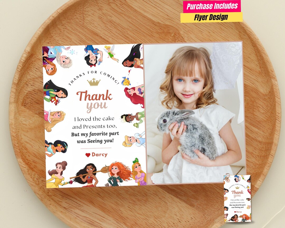 Princess Photo Thank You Card Girl Princess Party Thank You With ...