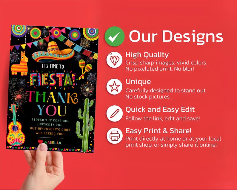 Festival Fiesta Birthday Thank You Card Mexican Theme Thank You Fiesta ...