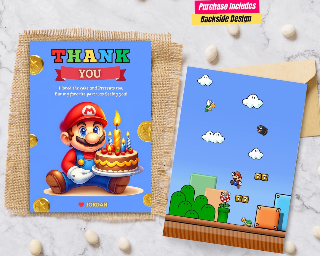Super Mario Thank You Card Super Mario Party Favors Mario Birthday ...