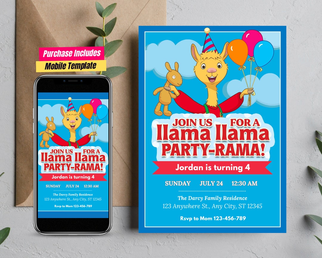 Llama Themed Birthday Pajama Llama Party Invitation Llama Llama Red ...