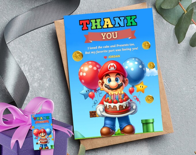 Mario Themed Thank You Card Template, Editable Super Mario Birthday Thank You Card, Super Mario ...