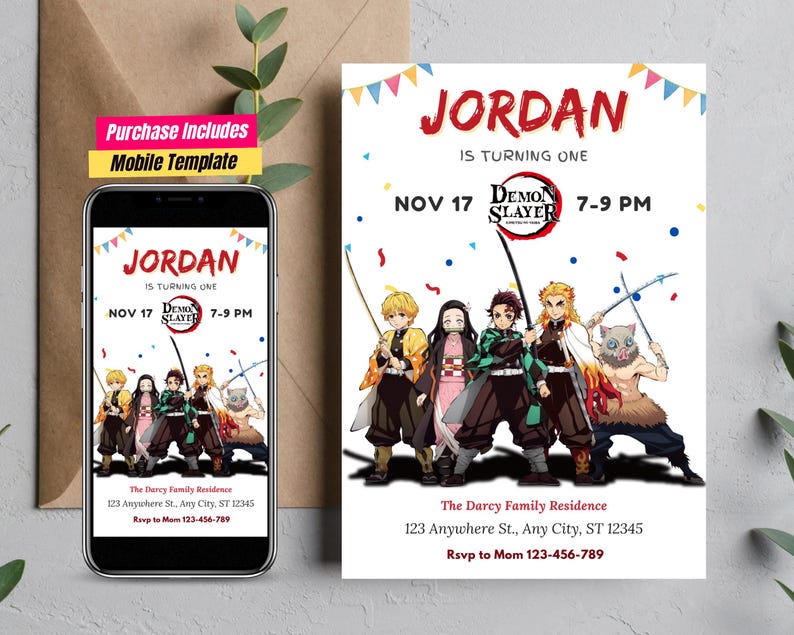 Anime Demon Slayer Birthday Invitation With Photo Demon Slayer Custom ...