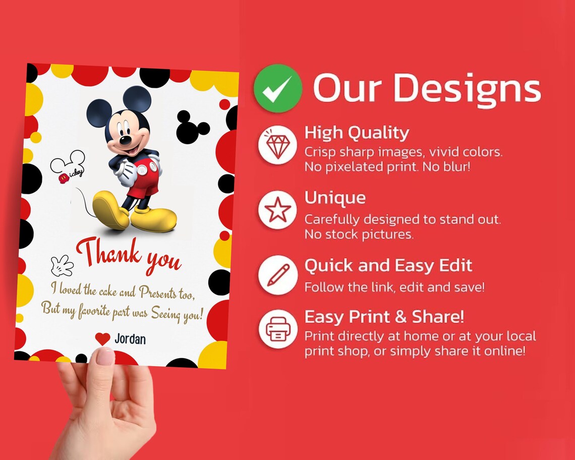 Mickey Mouse Birthday Tag Printable Mickey Thank You Tag Template ...