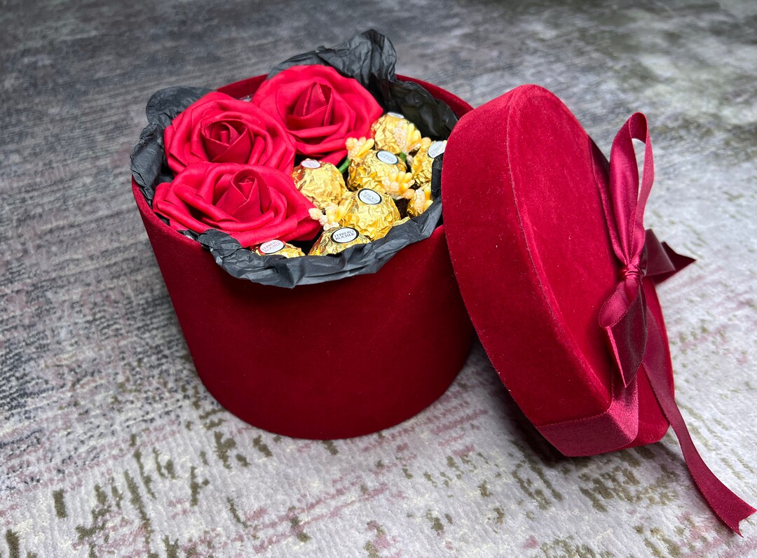 Burgundy Velvet Hatbox Hamper Elegant Flower Arrangement & - Etsy