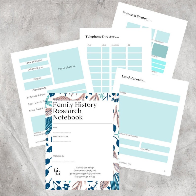 Printable Family History Research Notebook, Digital Download, Aqua Blue ...
