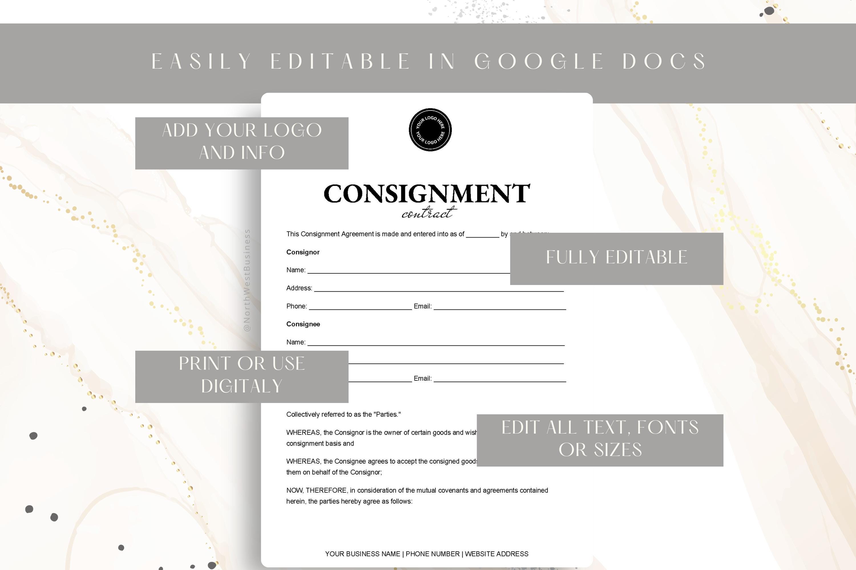 Editable Consignment Contract Template, Product Consignment Agreement ...