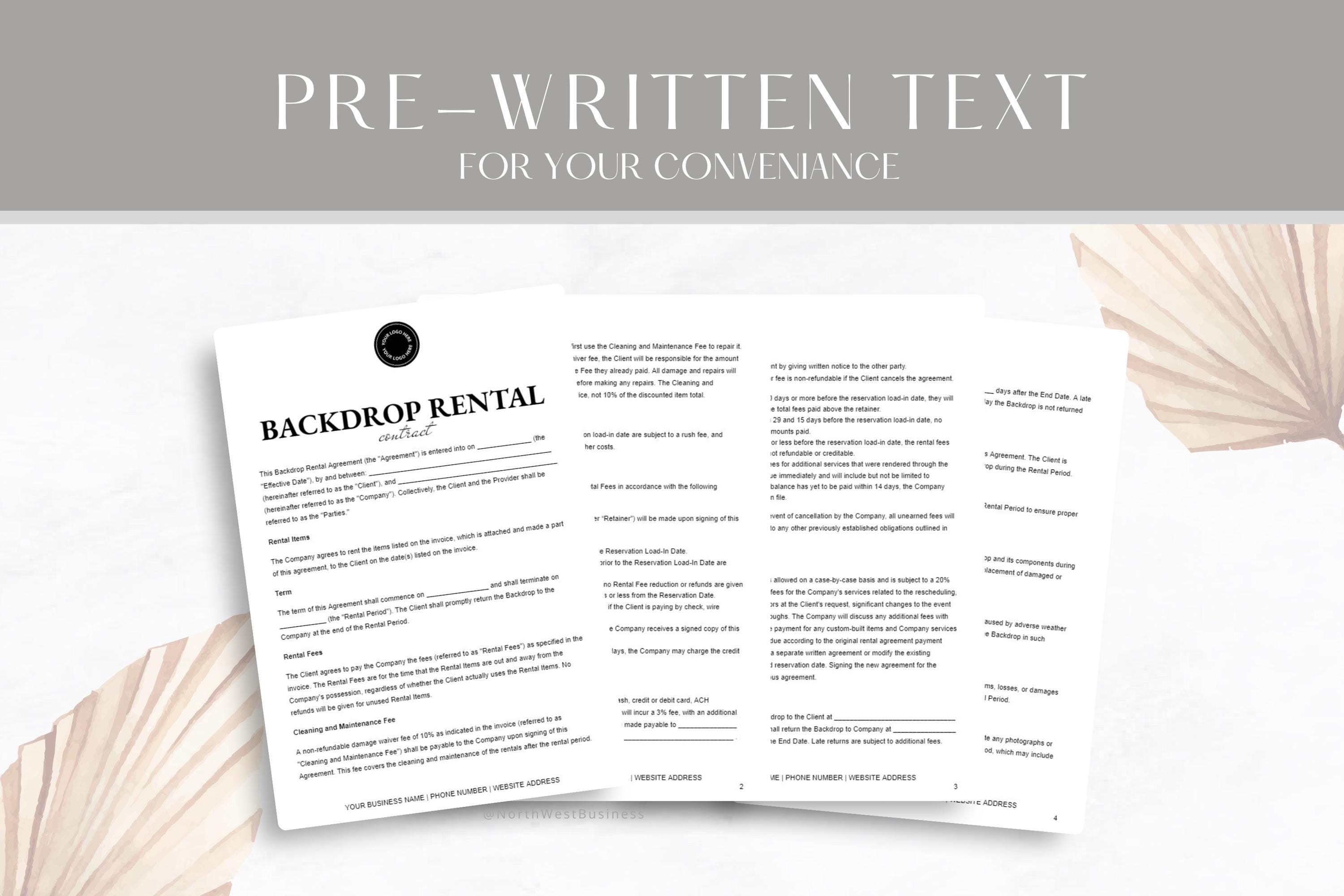 Editable Backdrop Rental Agreement, Party Equipment Rental Contract ...